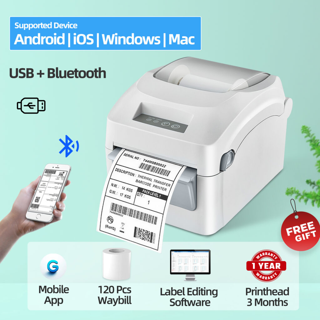 Grozziie Thermal Label Printer, 203DPI USB-Bluetooth Shipping Label ...